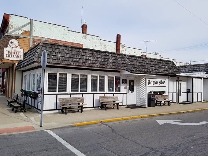 The White Cottage restaurant promises comfort food that would make your grandmother jealous. Those benches outside aren't just for show.