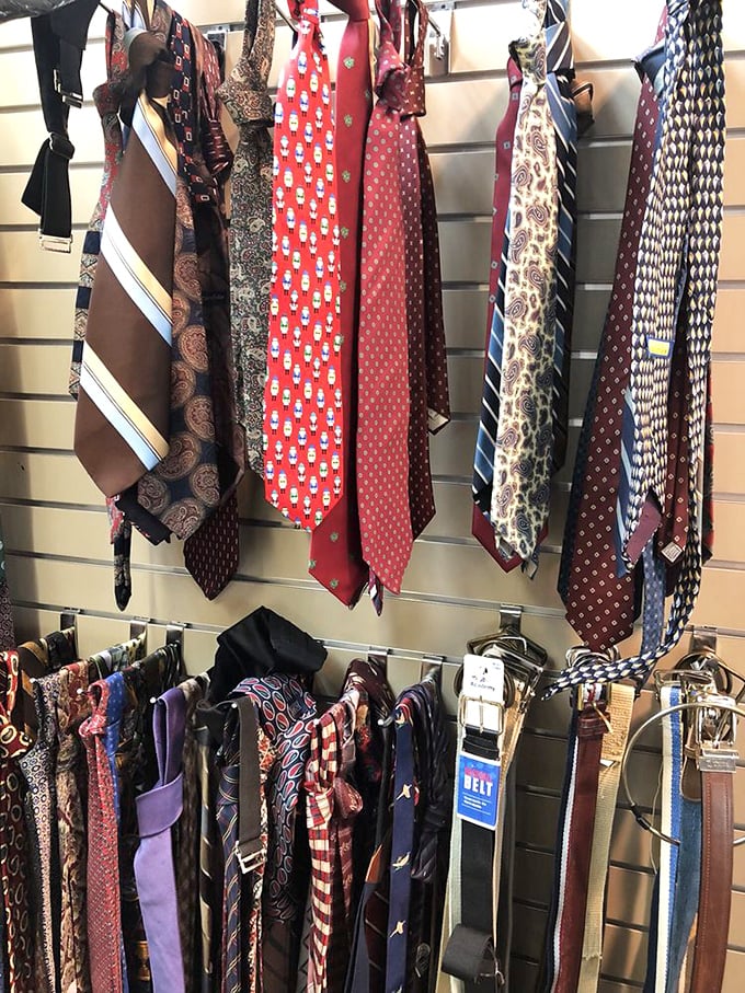 The tie section – where power lunches of the past meet today's vintage-loving fashionistas. That red one's practically winking at you!