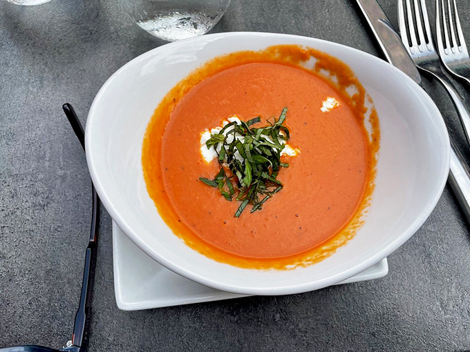 This tomato bisque isn't just soup—it's a warm embrace in a bowl. The basil garnish isn't merely decorative; it's the aromatic exclamation point on liquid perfection.