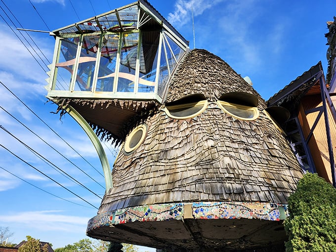 From this angle, the glass observation deck perches atop the mushroom cap like a treehouse for grown-ups with architectural degrees.