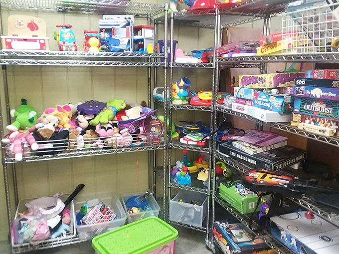 Stuffed animals and board games patiently waiting for second chances at being loved – nostalgia sold separately.