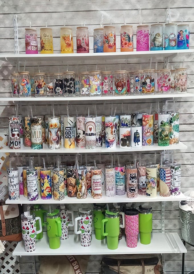 These aren't just tumblers—they're portable art galleries featuring everything from farm animals to inspirational quotes, lined up like soldiers of hydration.