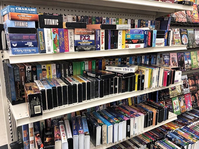 VHS paradise! Titanic, Charade, and cinematic history preserved in plastic cases. Remember rewinding? Pepperidge Farm remembers.