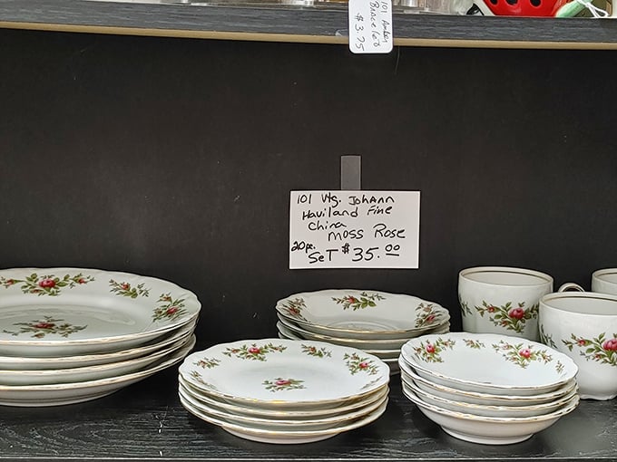 Johann Haviland's "Moss Rose" pattern—the china that graced Sunday dinner tables across America for decades. Delicate flowers frozen in porcelain time.