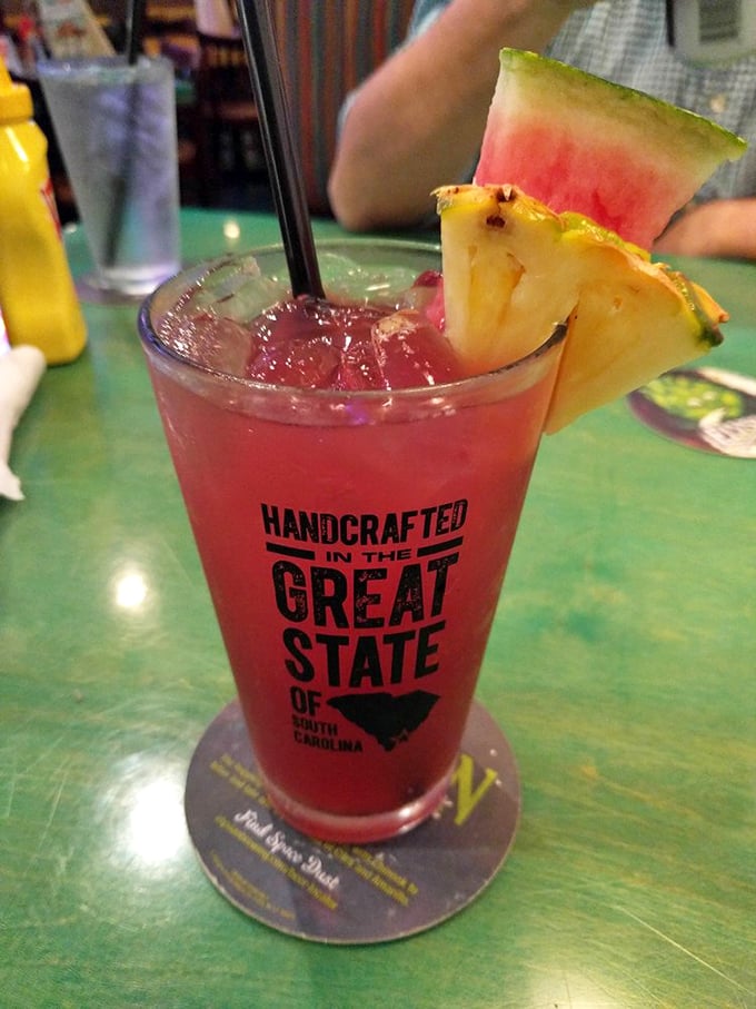 A vacation in a glass—this watermelon sangria comes garnished with fruit and South Carolina pride.