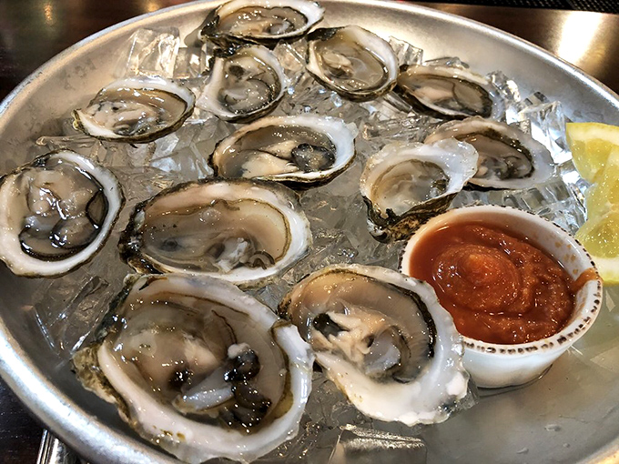 Fresh oysters on ice—a surprising find at a BBQ joint. These briny treasures prove Hood's isn't just a one-trick pony in the culinary rodeo.
