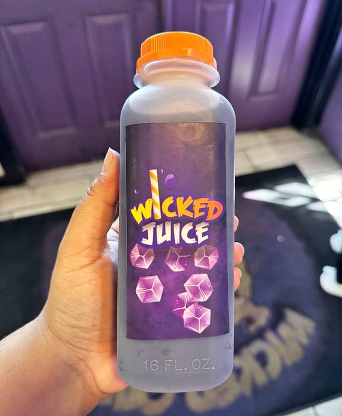 "Wicked Juice" isn't just a clever name—it's liquid refreshment with attitude, served in a bottle that looks like it contains either salvation or trouble.