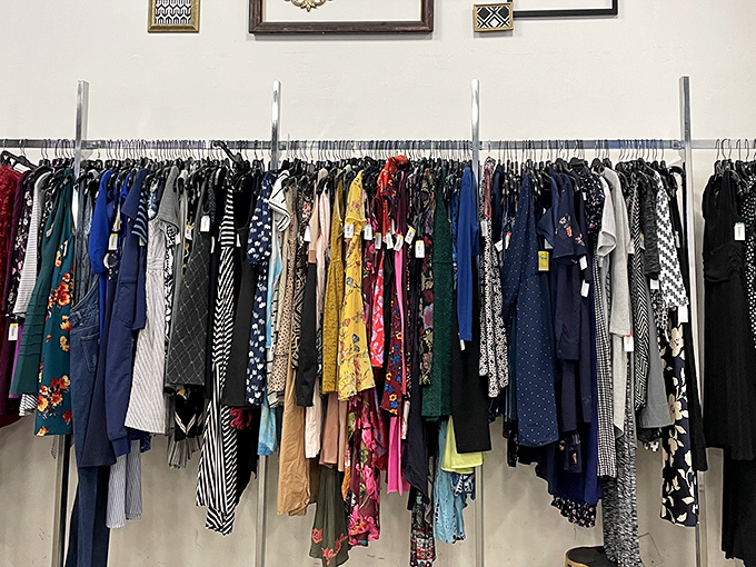 Fashion archaeology at its finest. Each hanger holds potential for reinvention—from job interview power dress to festival-ready vintage find.