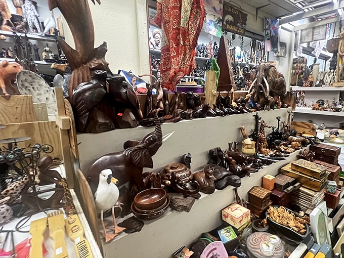 Carved creatures and wooden wonders transport you around the world without the airfare. Each piece tells a story of distant craftsmanship.