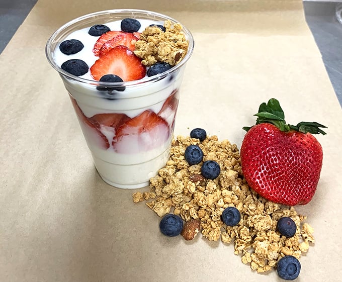 A yogurt parfait that somehow makes virtue feel indulgent. Fresh berries, crunchy granola, and creamy yogurt—breakfast's greatest hits album in a cup.