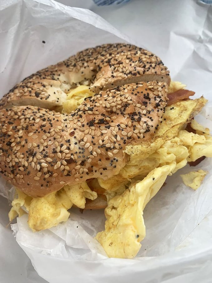 Breakfast perfection doesn't need to be complicated – just eggs and bacon nestled between bread that knows its purpose.