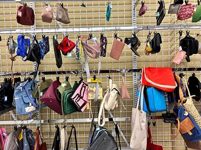 Handbag heaven or purse paradise? Either way, this wall of accessories proves that yesterday's fashion statements are today's vintage finds at fraction of original prices.