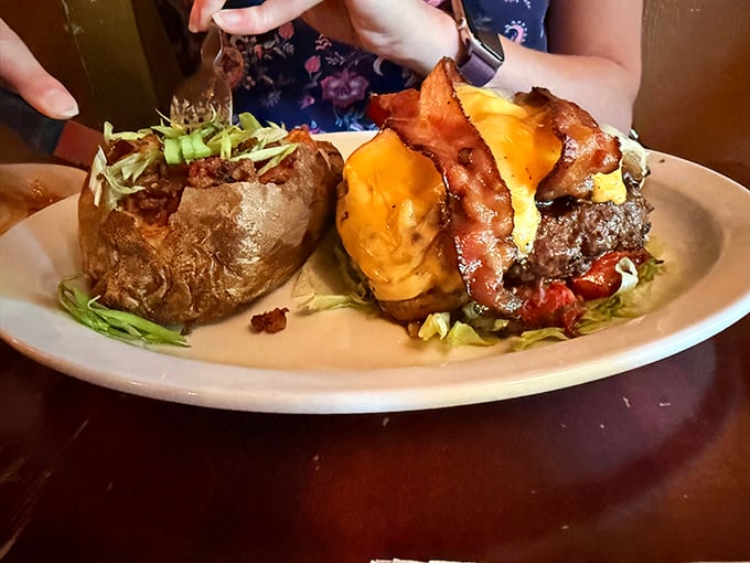 When a burger meets a baked potato on the same plate, it's not just a meal—it's proof that sometimes the best things in life come in pairs.