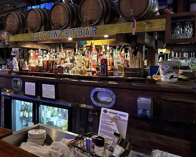 "ITYWBTBAR" isn't a secret code—it's Key West speak for "I told you we'd be at bar," where rum bottles stand at attention like delicious soldiers.