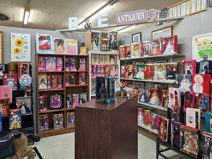 Barbie's evolution displayed in pristine boxes—a timeline of American fashion dreams. From career woman to princess, these dolls chronicle decades of childhood aspirations.