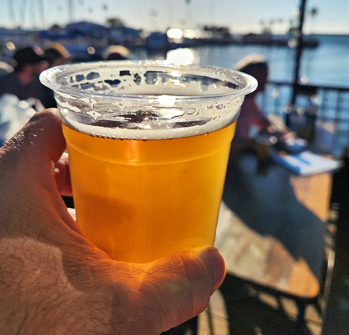 Nothing completes waterfront dining like a cold beer with a view—liquid gold that tastes even better when boats are bobbing nearby.