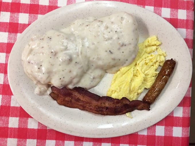 Biscuits and gravy – the Southern handshake. This plate doesn't just say good morning; it gives you a warm, peppery hug that lasts until lunch.