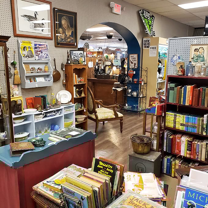 Literary treasures nestled between vintage dishware and forgotten art. That hardcover might be a first edition or someone's beach read from 1972.