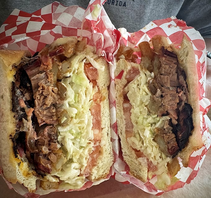 The brisket sandwich with slaw isn't just lunch—it's edible evidence that patience is indeed a virtue when it comes to proper smoking techniques.
