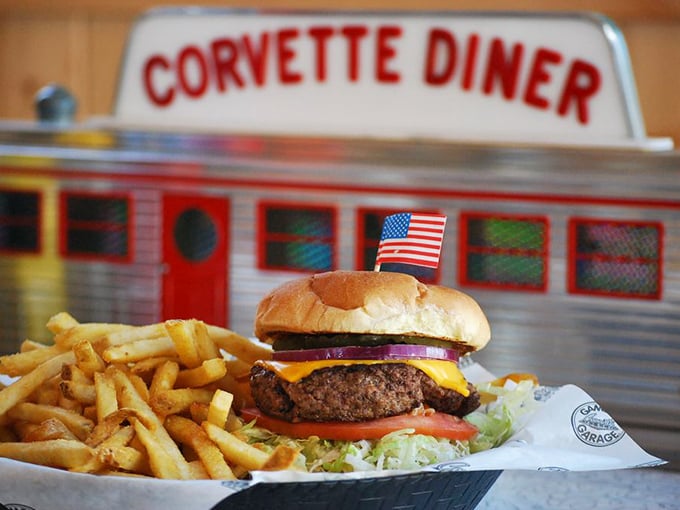 The American flag isn't just patriotic—it's warning other nations they'll never create a burger this gloriously excessive. Freedom never tasted so good.
