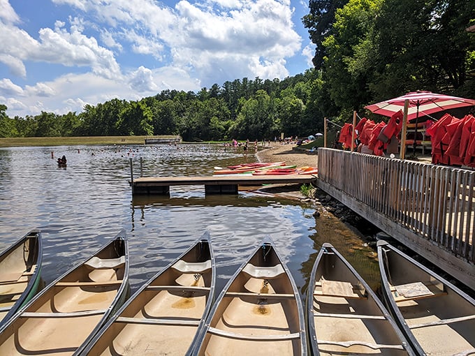 Rental canoes lined up like yellow taxis, ready to transport you to liquid tranquility.