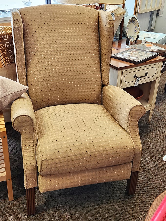 The wingback throne of thrift store royalty—this chair has hosted countless conversations and holds the perfect spot for your afternoon reading.
