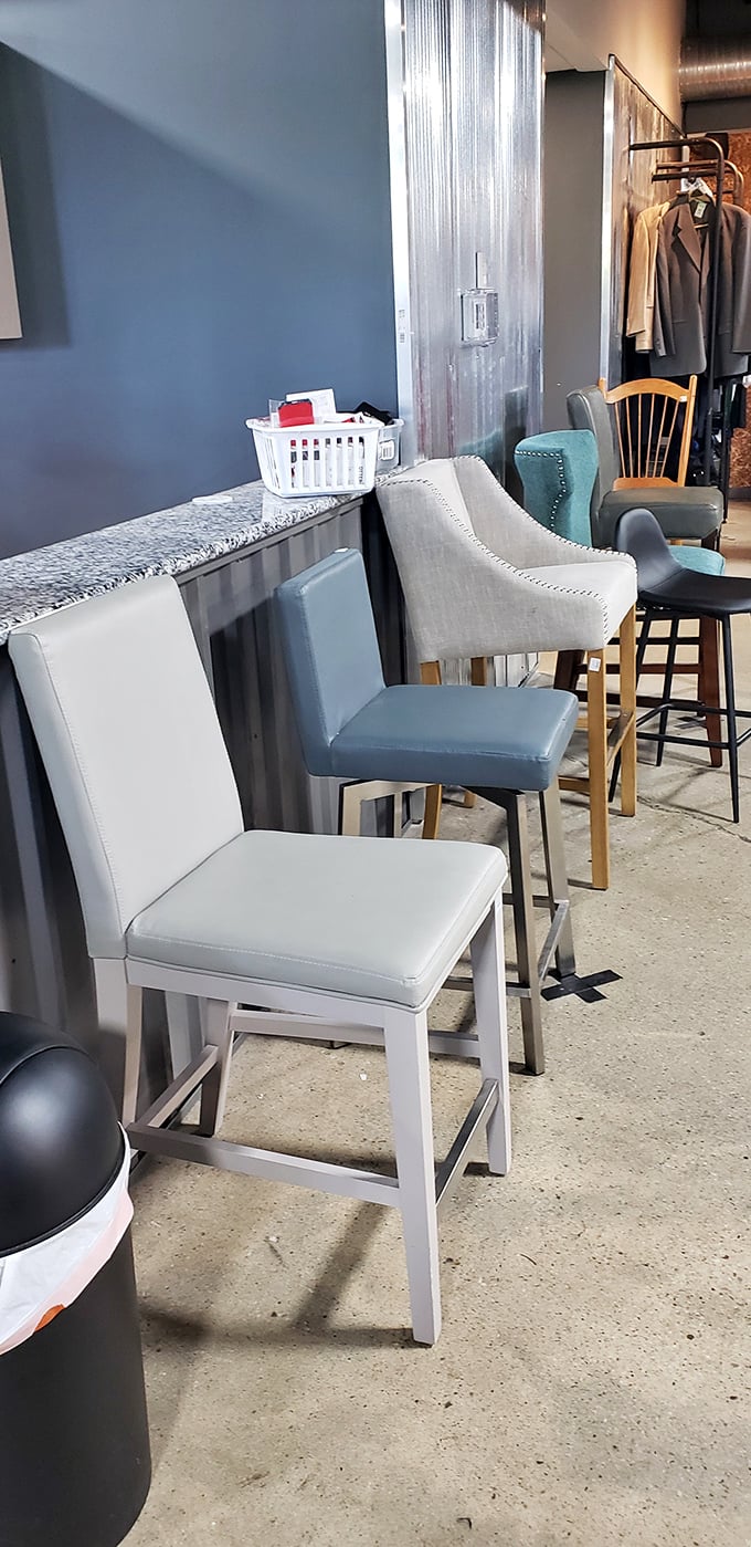 Bar stools with personality lined up like hopeful contestants on a dating show, each one saying "Pick me for your kitchen island!"