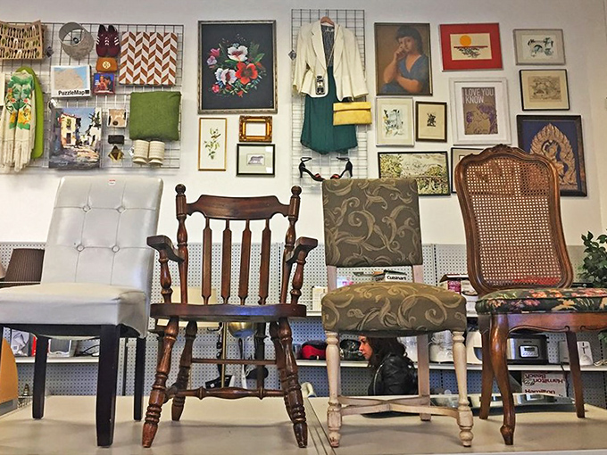 Chair personalities on display: the dignified wooden rocker, the practical office seat, and the fancy caned dining chair walk into a thrift store...
