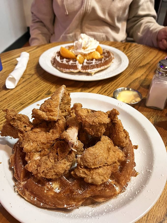 Chicken and waffles: the breakfast equivalent of a perfect dance partner—one crispy, one fluffy, both working in delicious harmony.
