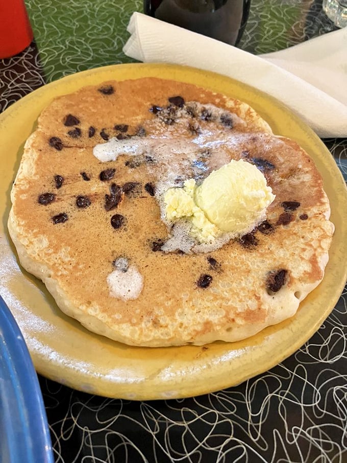 This chocolate chip pancake isn't just breakfast—it's therapy with butter on top and childhood nostalgia baked right into the batter.