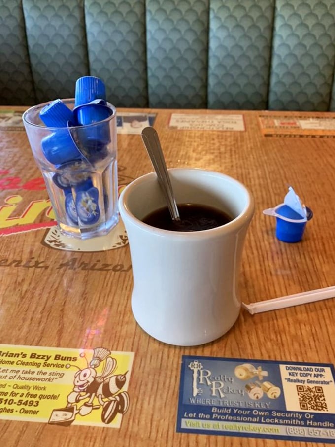 Diner coffee in its natural habitat—strong, honest, and served in a mug substantial enough to warm both hands on chilly desert mornings.