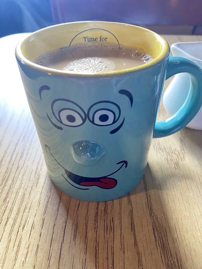 Coffee served in a mug with personality – because at Patty's, even your cup has character and refuses to take itself too seriously.