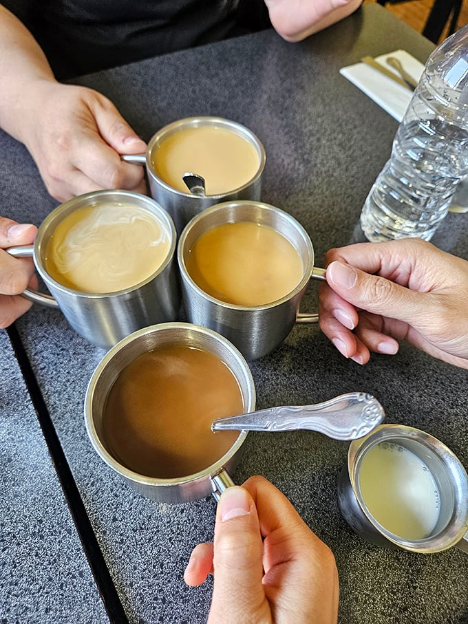 The coffee comes in metal mugs – a Philadelphia power move that says, "We're serious about caffeine" and "Yes, you can have refills."