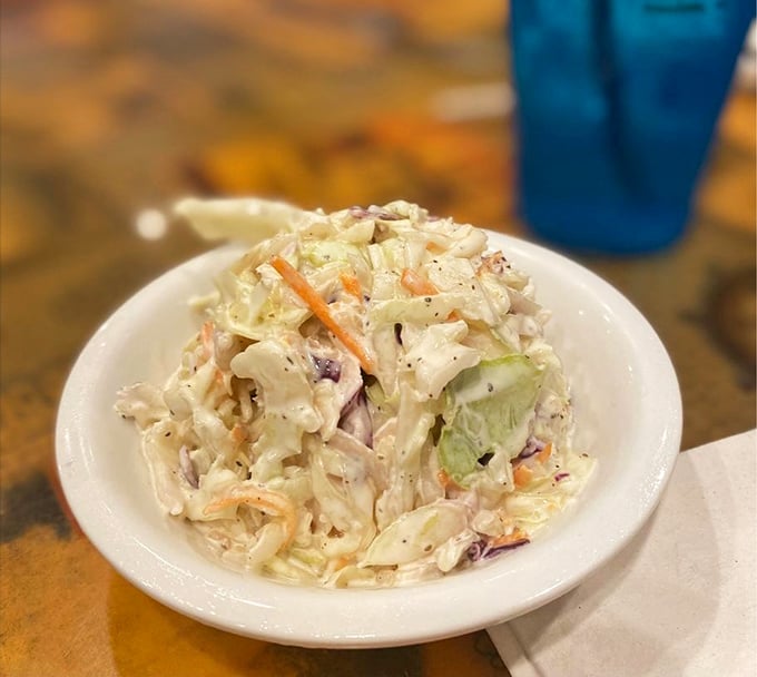 Cole slaw that actually deserves space on your plate – crisp, fresh, and the perfect counterpoint to all that glorious fried seafood.