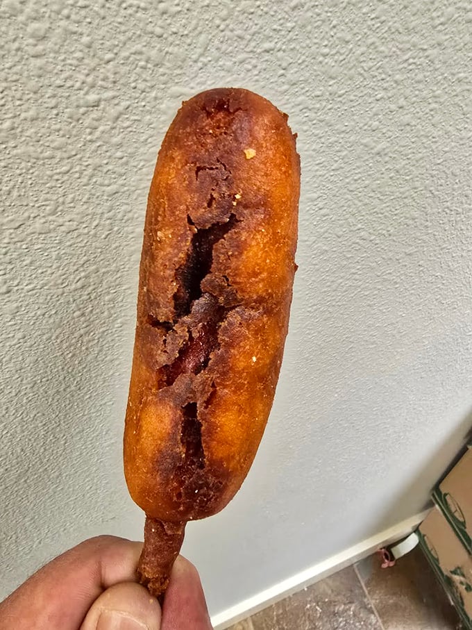 The corn dog achieves what philosophers call "platonic ideal" – crispy perfection on a stick that defies explanation.