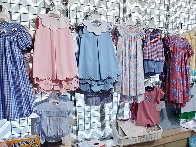Sweet scalloped collars and classic patterns – these children's dresses hang like tiny time capsules of an era when "Sunday best" meant something special.