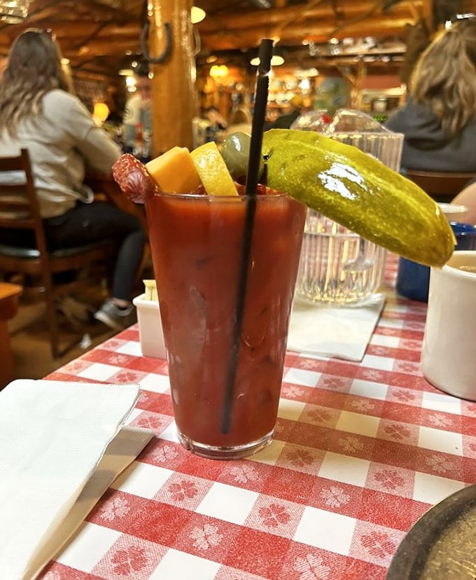 A Bloody Mary that doubles as an appetizer—garnished with enough snacks to qualify as its own course. Wisconsin doesn't do anything halfway.