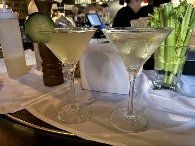 Ice-cold martinis with a hint of olive brine—the kind of drinks that make you understand why the three-martini lunch existed.