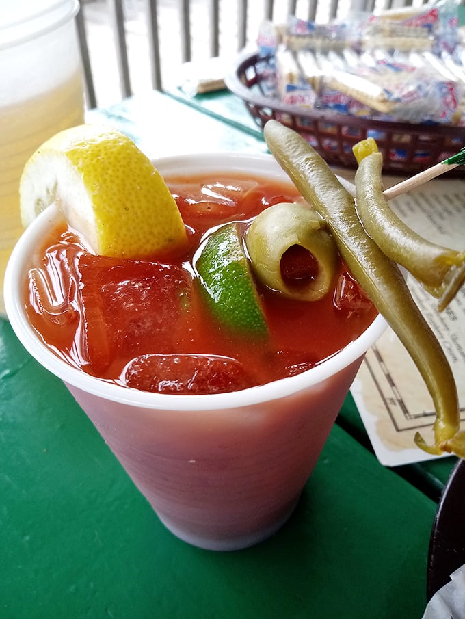 This isn't just a Bloody Mary—it's breakfast, appetizer, and attitude adjustment in one glass. The pickled beans are just showing off.