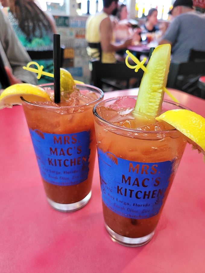 Bloody Marys garnished with enough vegetables to count as a salad. The perfect vacation breakfast that makes "it's 5 o'clock somewhere" feel justified.