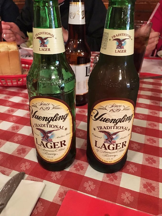 Yuengling bottles on red checkered tablecloths—the Pennsylvania equivalent of Chianti in wicker baskets, and just as appropriate for washing down good Italian food.