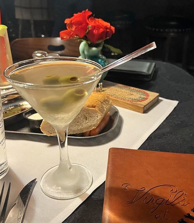 A properly made martini with olives standing at attention—the liquid equivalent of a handshake agreement in this corner of Oregon.