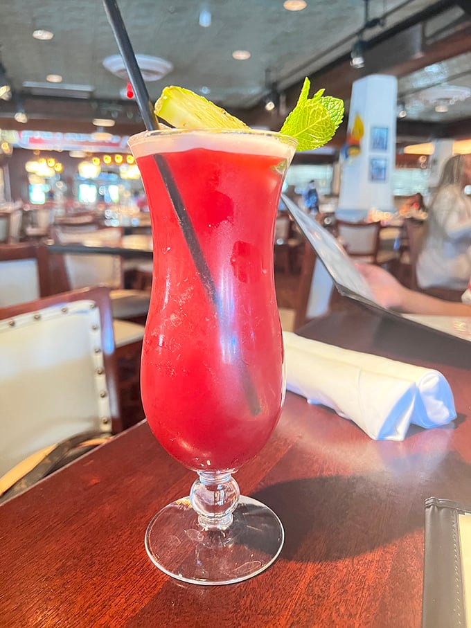 Their Hurricane cocktail—where fruit juice meets its more interesting cousin rum. Garnished with enough fruit to count as a vitamin.