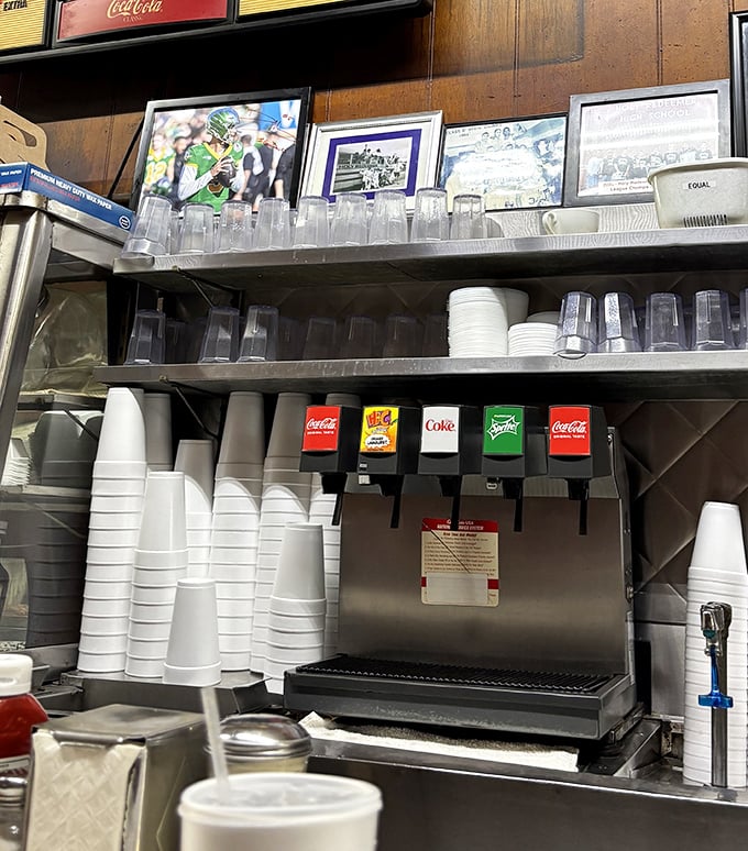 The soda fountain setup—where your beverage choices are straightforward and your cup will never be empty for long.