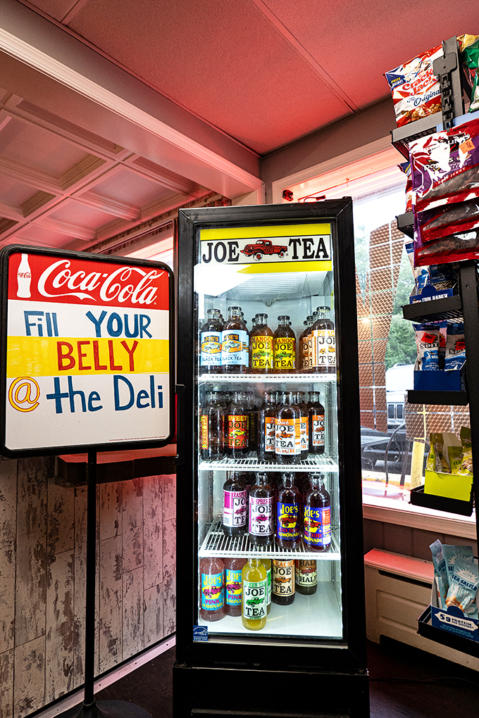 The beverage cooler—sanctuary of Joe Tea and liquid refreshment. Because conquering sandwiches of this magnitude requires proper hydration support.