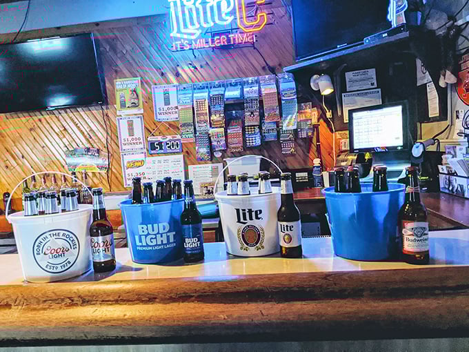 The bar's beer buckets stand ready for duty—soldiers of refreshment awaiting deployment to thirsty patrons watching the game.