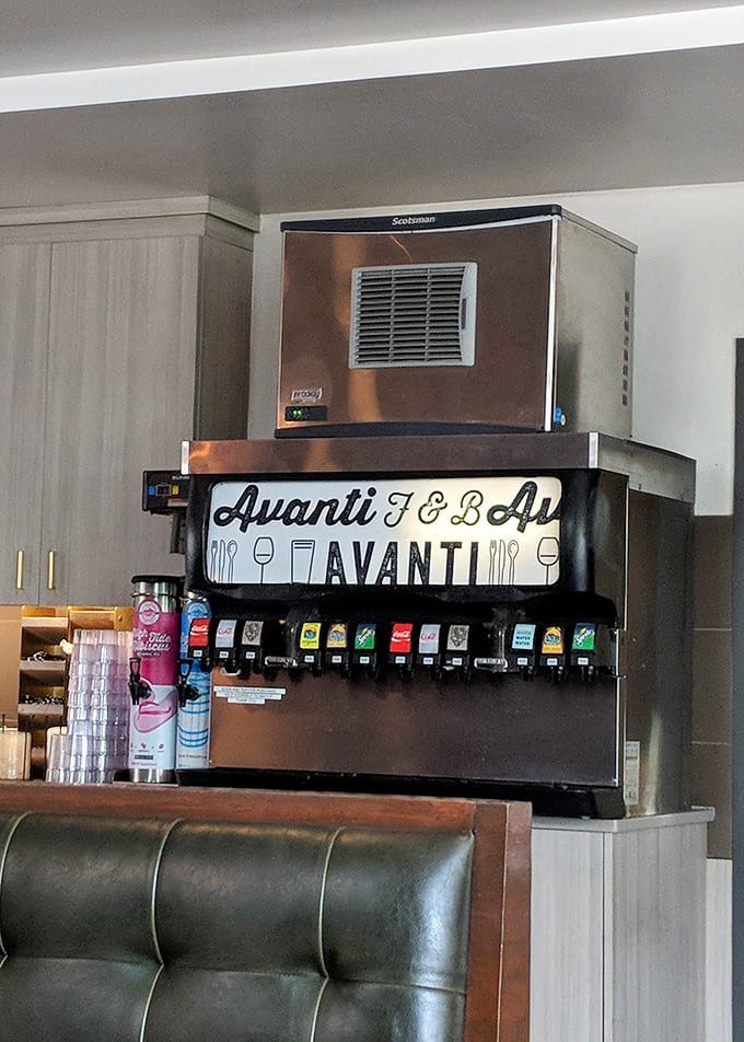 The soda fountain setup at Avanti proves that sometimes the simplest pleasures—like perfectly carbonated beverages—deserve their own special spotlight.