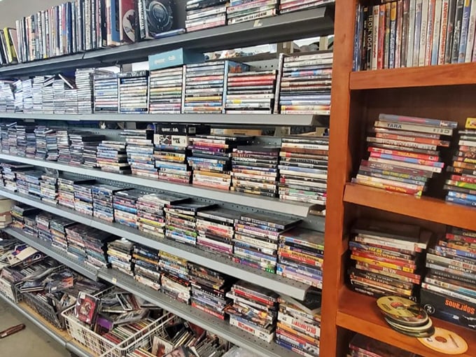 The DVD shelves stand as a physical Netflix of yesteryear, where forgotten film classics and guilty pleasure TV shows find second lives.
