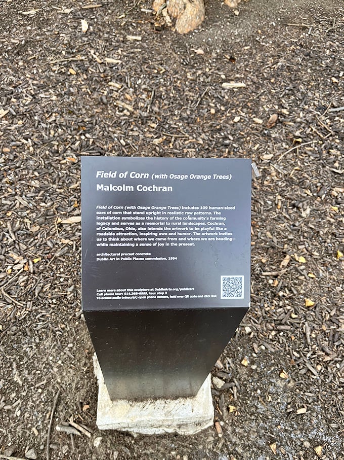 The informational plaque reveals artist Malcolm Cochran's vision—a playful yet poignant tribute to Dublin's agricultural roots before office parks arrived.