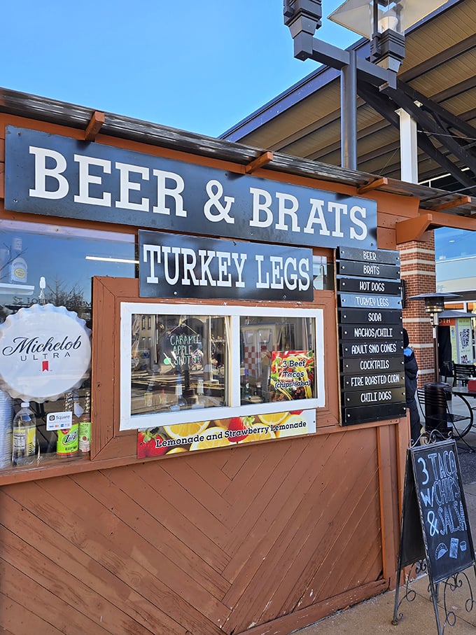 Beer, brats, and turkey legs—the holy trinity of shopping fuel. This little stand understands that serious bargain hunting requires serious sustenance.